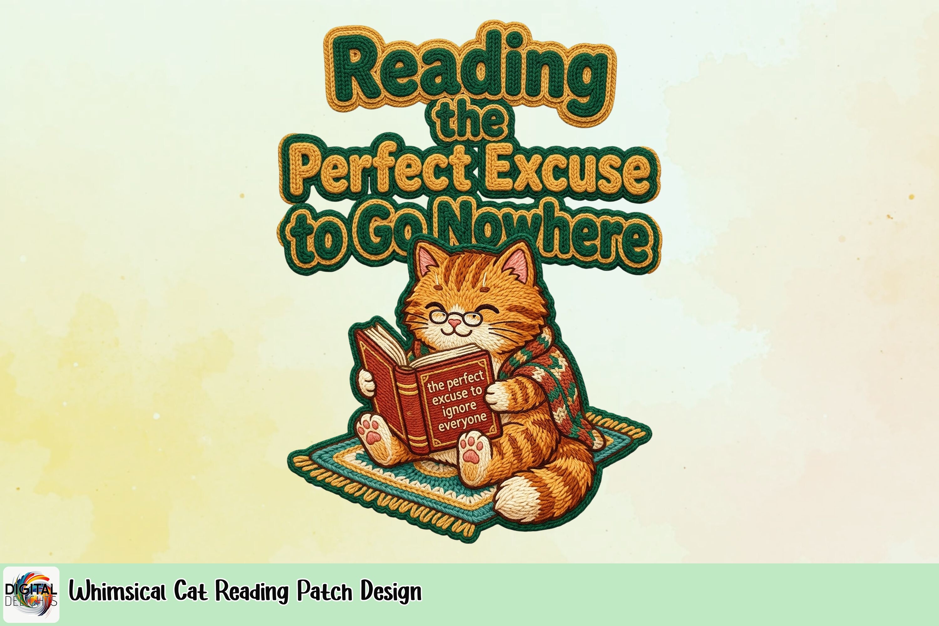 Whimsical Cat Reading Patch Design Graphic by Digital Delights ...