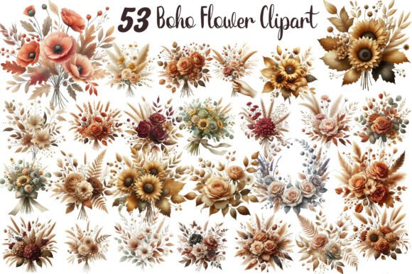 Fall Boho Bouquet, Flower Clipart Graphic by Strawberry Art · Creative ...