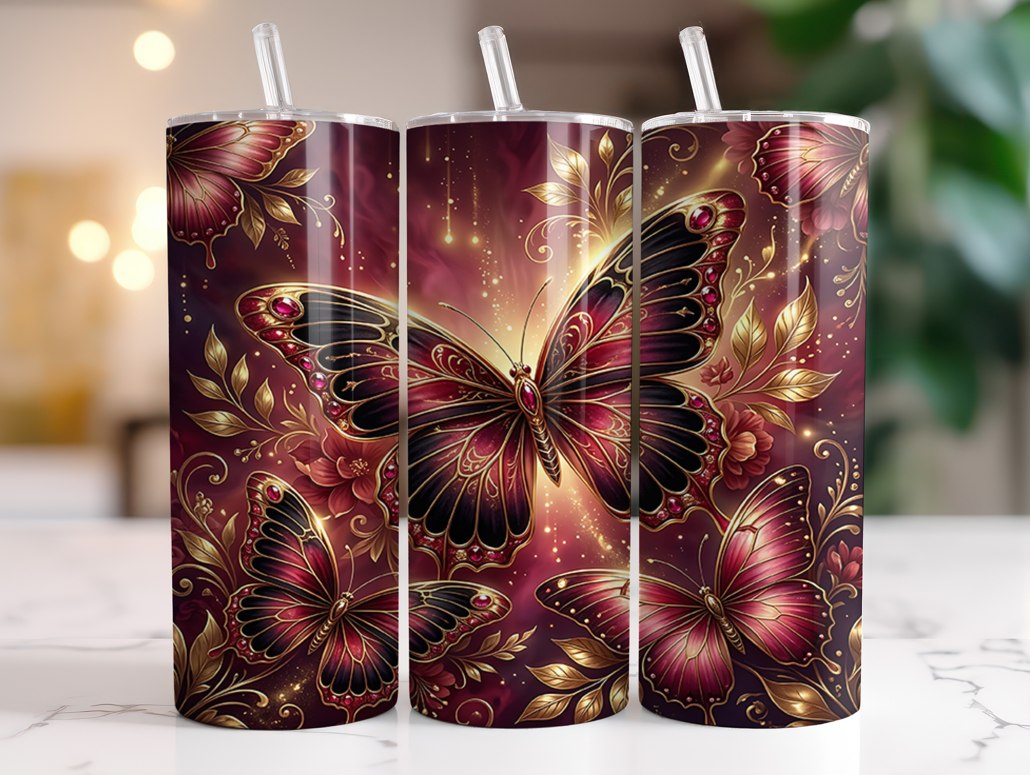 Burgundy Gold Butterfly Tumbler Wrap PNG Graphic by RahatKDP · Creative ...