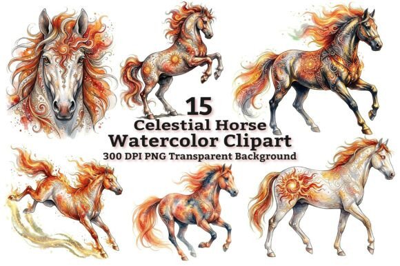 Celestial Fire Horse Watercolor Clipart Graphic by TeesDesign ...