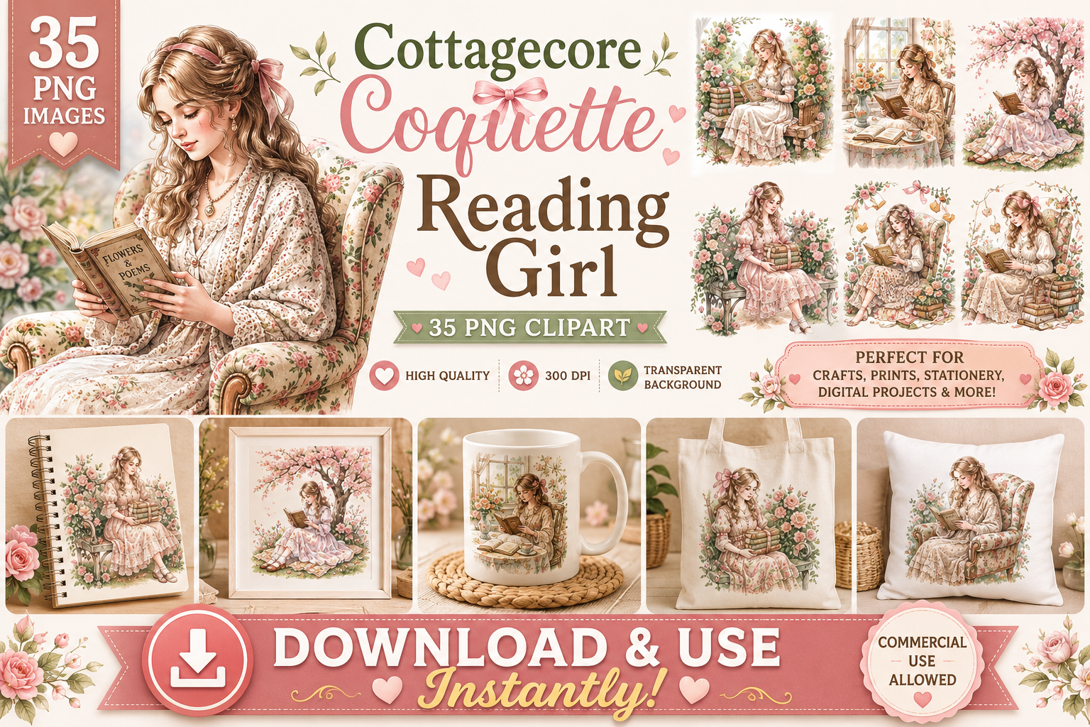 Cottagecore Reading Girl Clipart Graphic by Hamees Store · Creative Fabrica