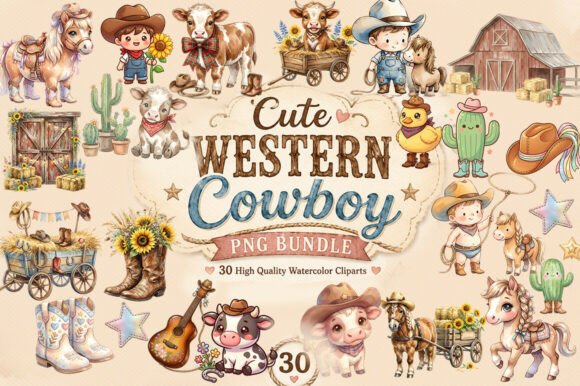 Cute-western-cowboy-png-bundle-pack Graphic by mhmizan · Creative Fabrica