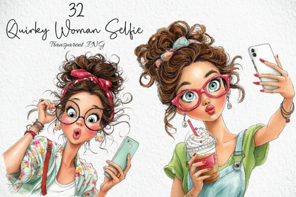 Quirky Woman Summer Selfie Clipart PNG Graphic by Craft Art · Creative ...