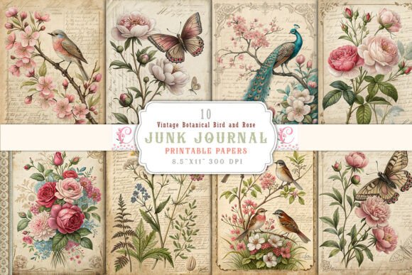 Vintage Botanical Bird and Rose Junk Jou Graphic by Craftfiles-SVG ...