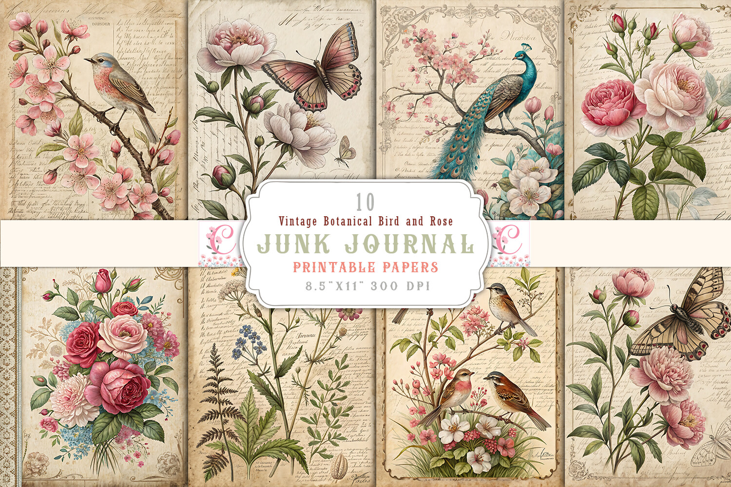 Vintage Botanical Bird and Rose Junk Jou Graphic by Craftfiles-SVG ...