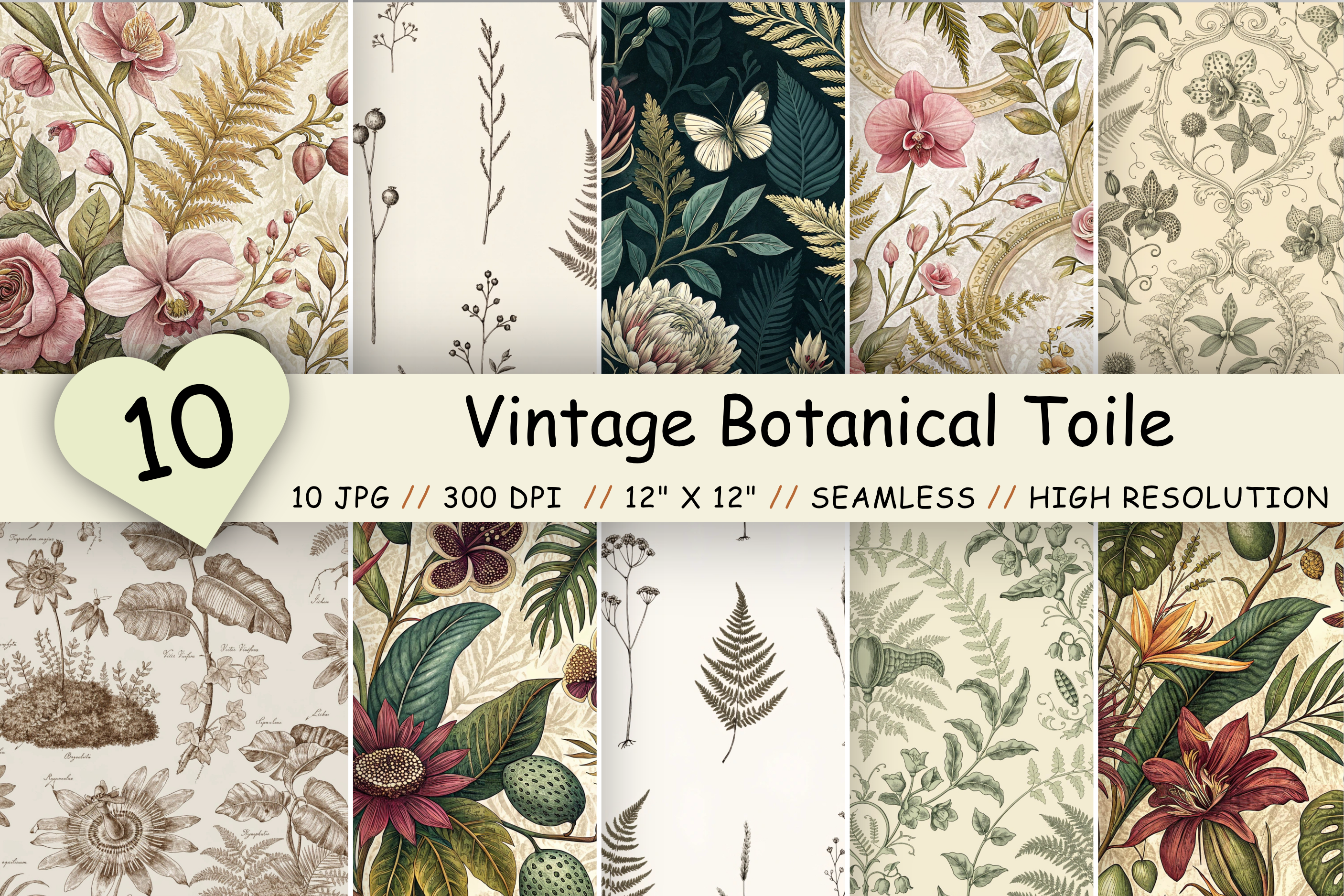 Vintage Botanical Toile Digital Paper Graphic by Florid Printables ...