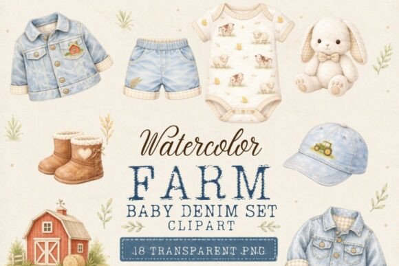 Watercolor Farm Baby Denim Clipart Graphic by Tanya Kart · Creative Fabrica