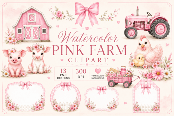 Watercolor Pink Farm Baby Clipart Graphic by sasikharn · Creative Fabrica