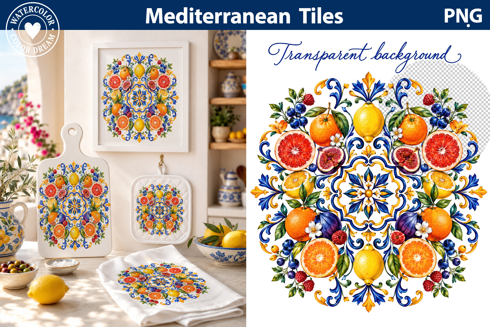 Mediterranean Citrus Tile Art Graphic by WatercolorColorDream ...