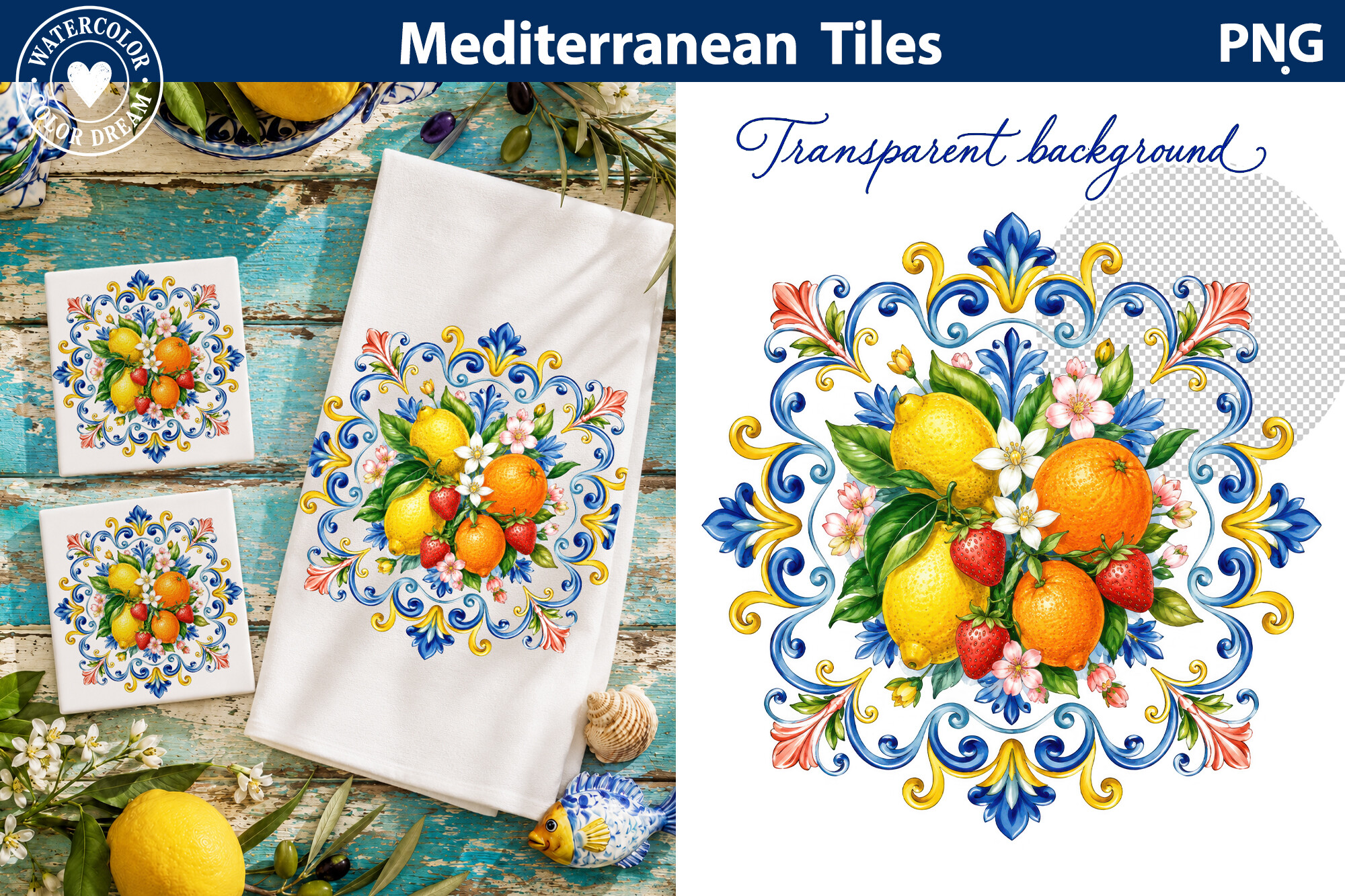 Mediterranean Citrus Tile Art Graphic by WatercolorColorDream ...