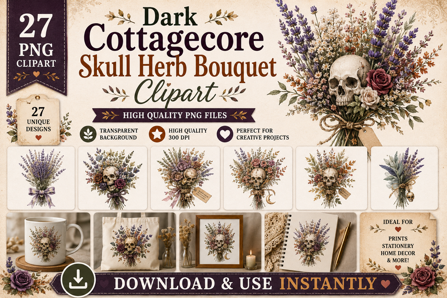 Dark Cottagecore Skull Herb Bouquet Graphic by Hamees Store · Creative ...