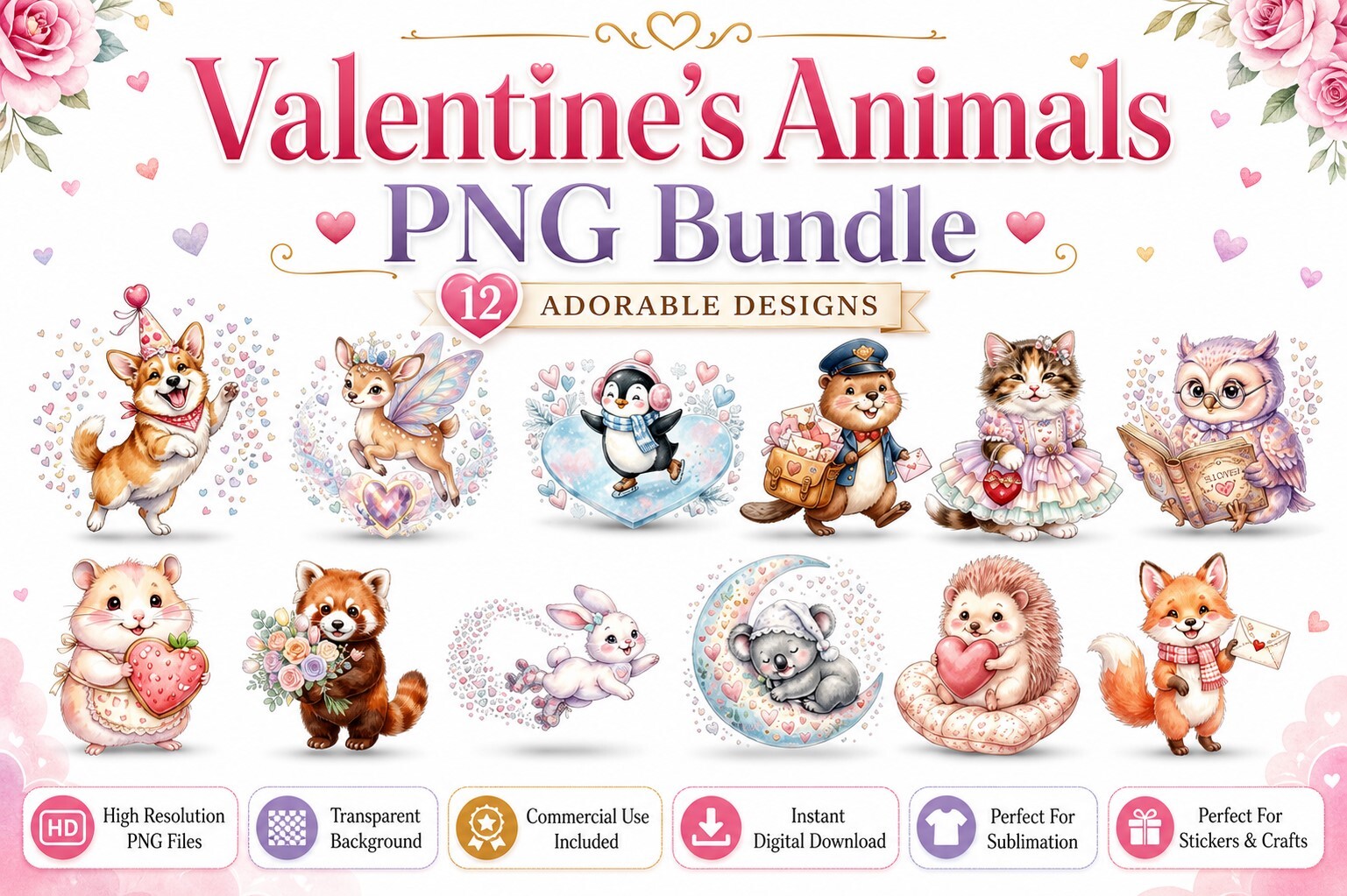 Valentines Animals Watercolor PNG Set Graphic by Alivio Arts · Creative ...
