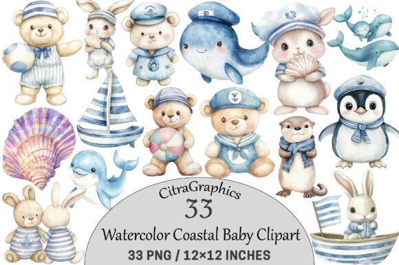 Watercolor Coastal Baby Clipart PNG. Graphic by CitraGraphics ...