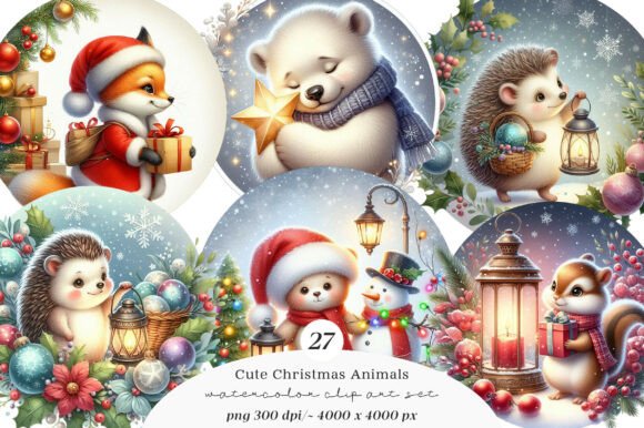 Watercolor Cute Christmas Animals Clipar Graphic by SinaCreation ...