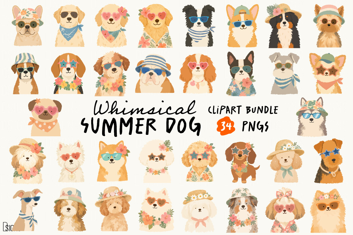 Whimsical Summer Dog Clipart Bundle PNG Graphic by DSIGNS · Creative ...