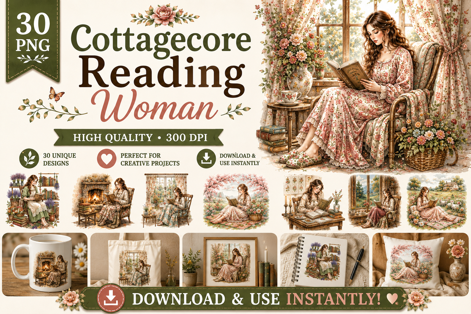Cottagecore Reading Woman Clipart Bundle Graphic by Hamees Store ...