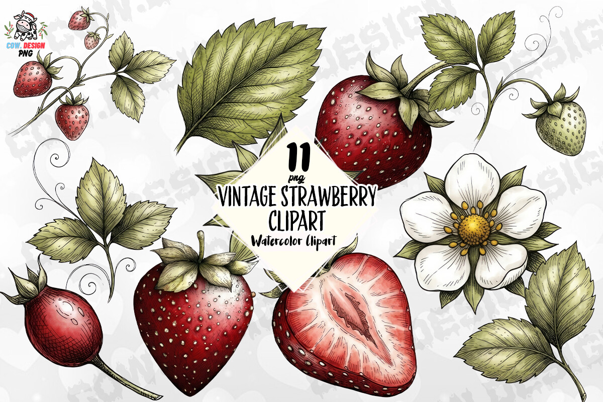 Vintage Strawberry Clipart PNG Graphic by COW.design · Creative Fabrica