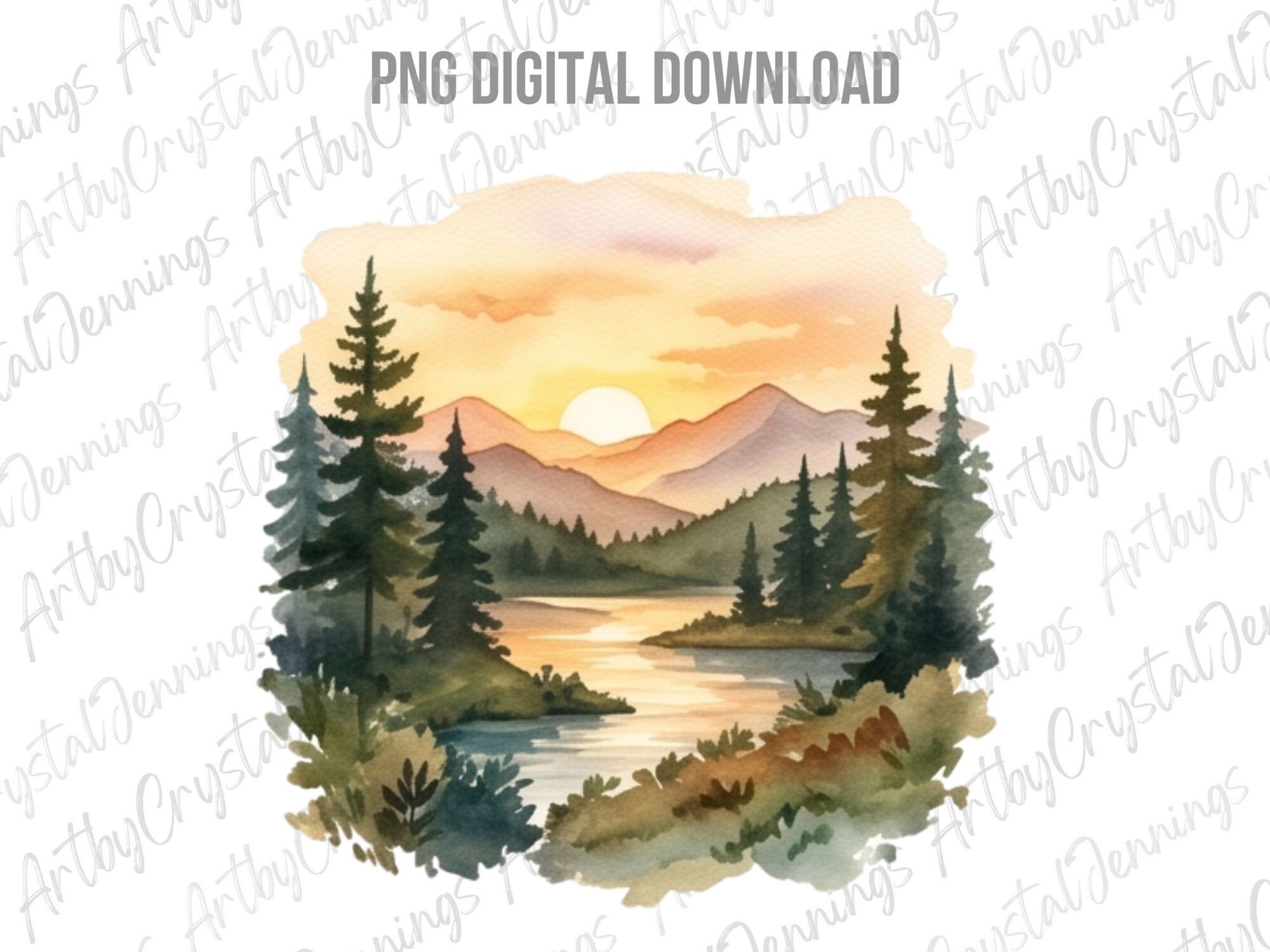 Watercolor Mountain Lake Landscape PNG Graphic by ArtbyCrystalJennings ...