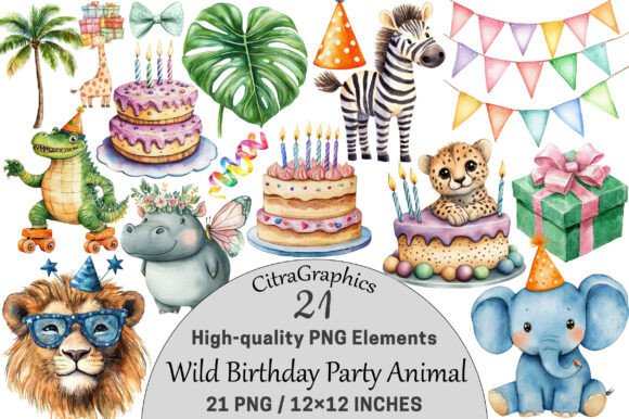 Wild Birthday Party Animal Clipart PNG. Graphic by CitraGraphics ...