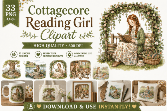 Cottagecore Reading Girl Clipart Bundle Graphic by Hamees Store ...