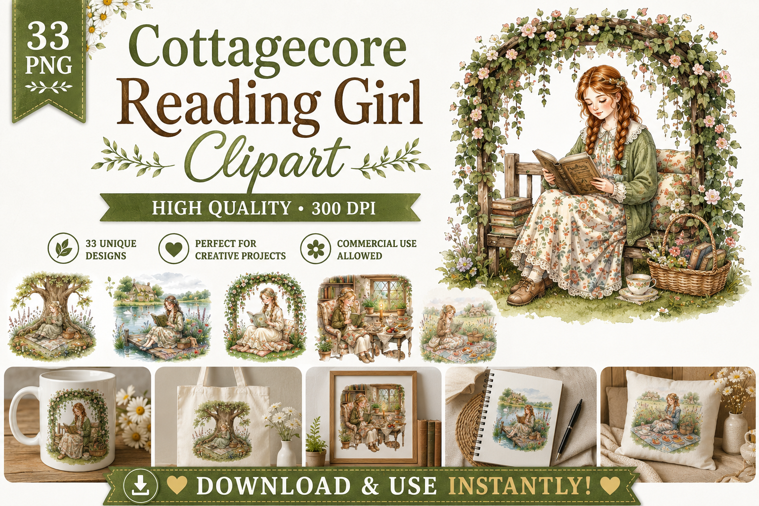 Cottagecore Reading Girl Clipart Bundle Graphic by Hamees Store ...