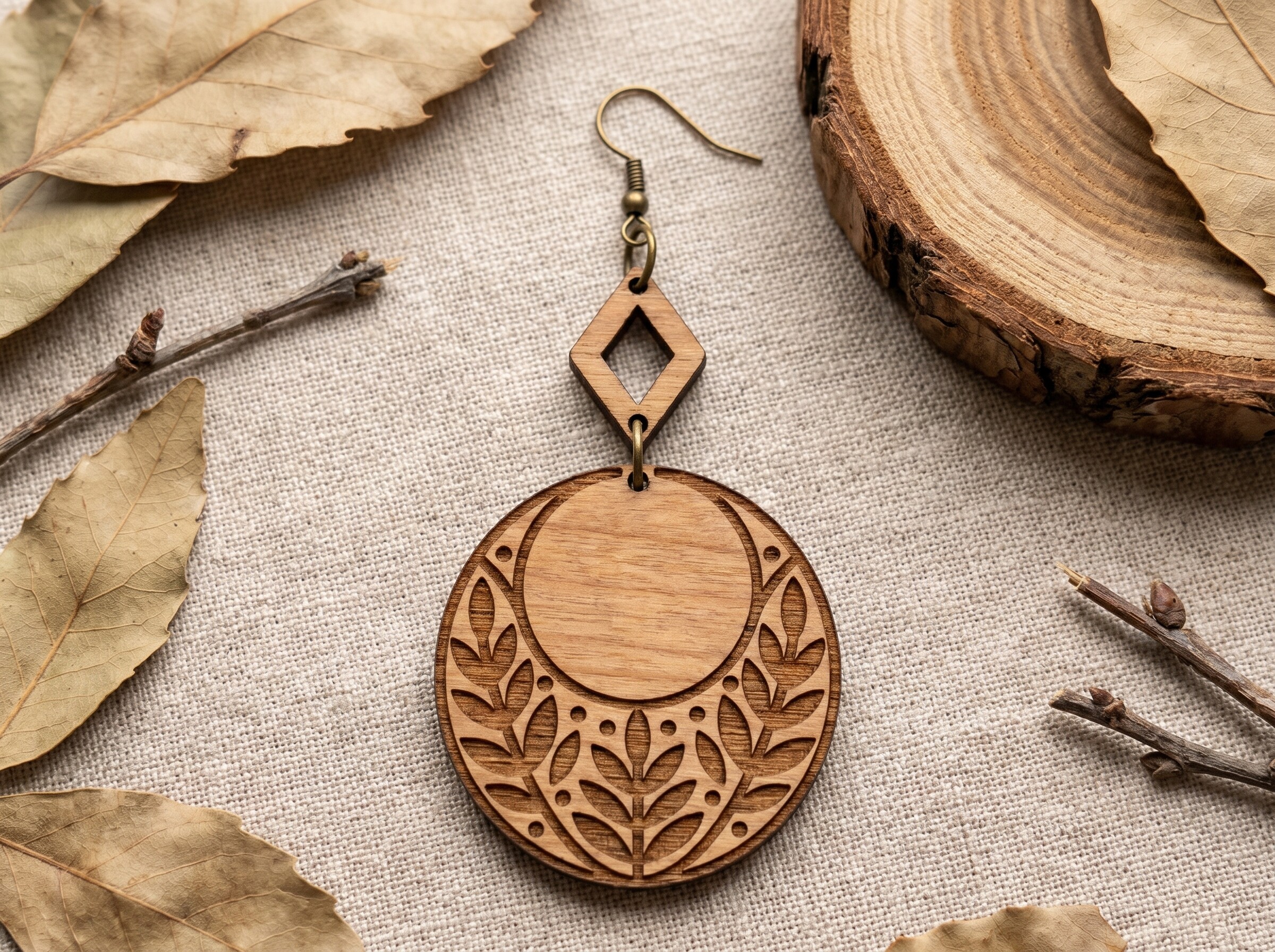 Floral Moon Wooden Earring SVG | Round · Creative Fabrica