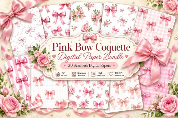 Pink Bow Coquette Digital Paper Bundle Graphic by T.D. House · Creative ...