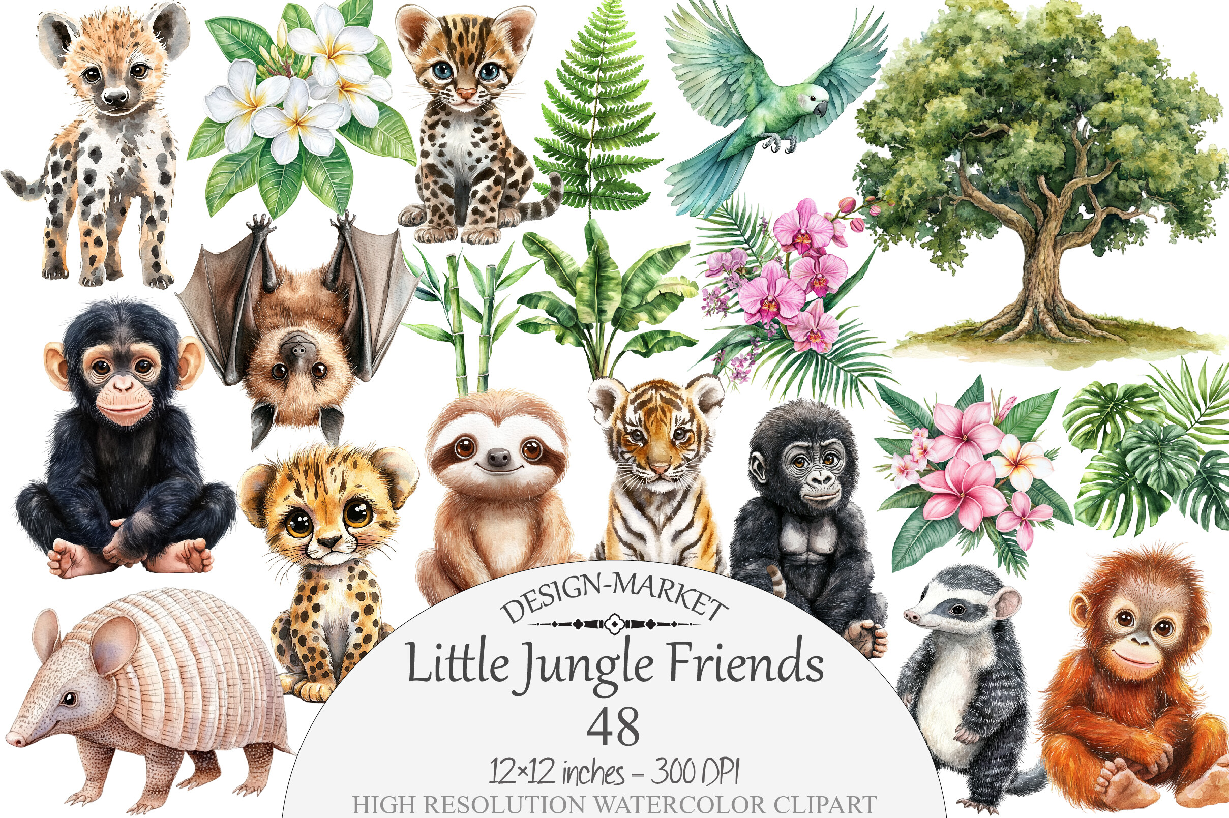 Watercolor Little Jungle Friends Clipart Graphic by Design Market ...