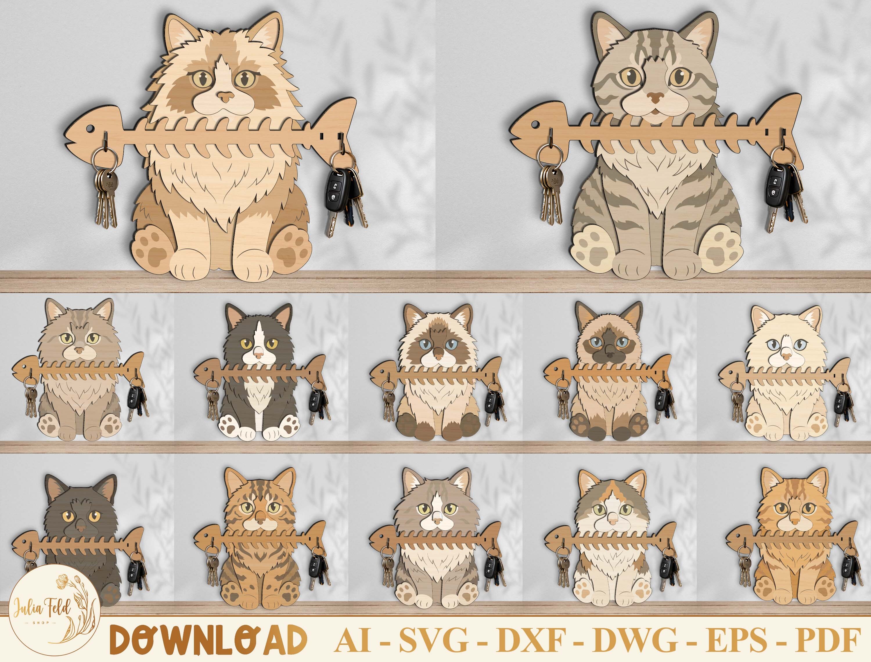 Cat Key Holder Laser Cut File SVG Bundle · Creative Fabrica
