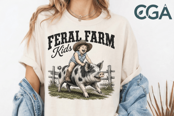 Retro Feral Farm Kids Riding Pig PNG Graphic by cookgraphicart ...