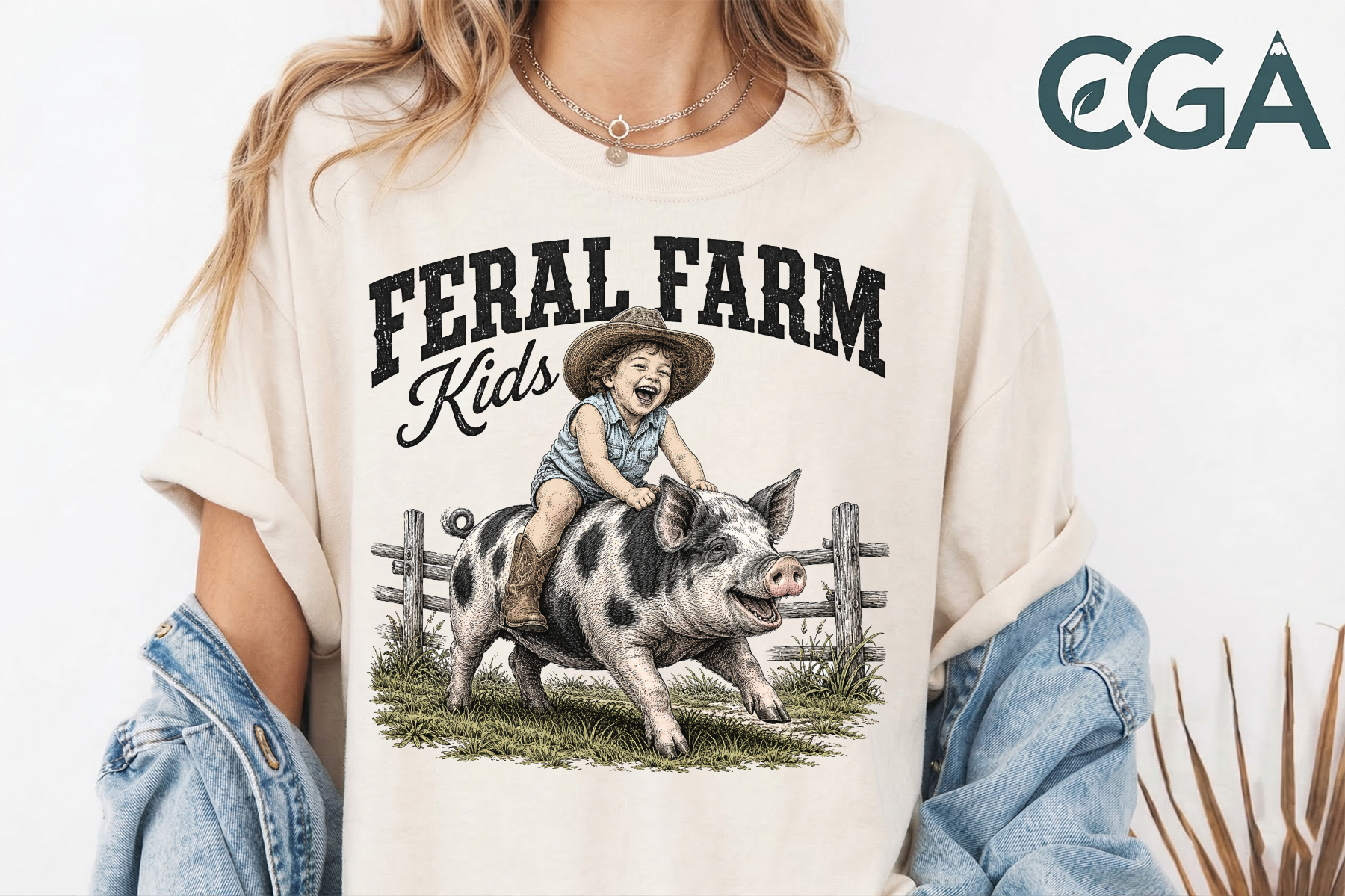 Retro Feral Farm Kids Riding Pig PNG Graphic by cookgraphicart ...