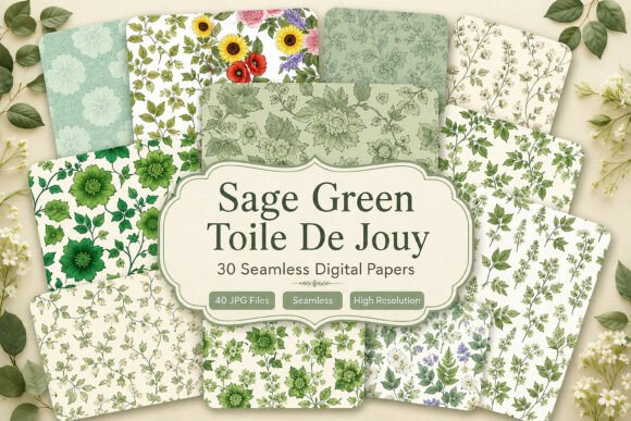 Sage Green Toile De Jouy Patterns Set Graphic by T.D. House · Creative ...