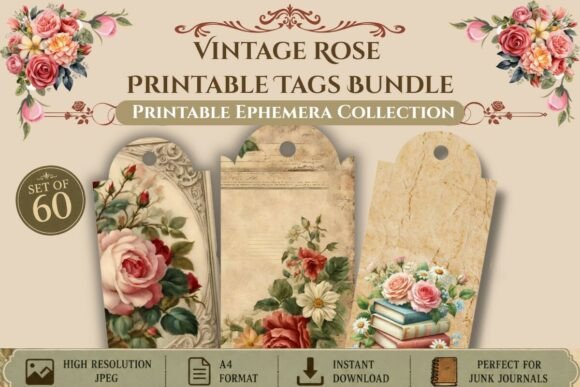 Vintage Rose Printable Tags Bundle Graphic by Jada Boutique Design ...