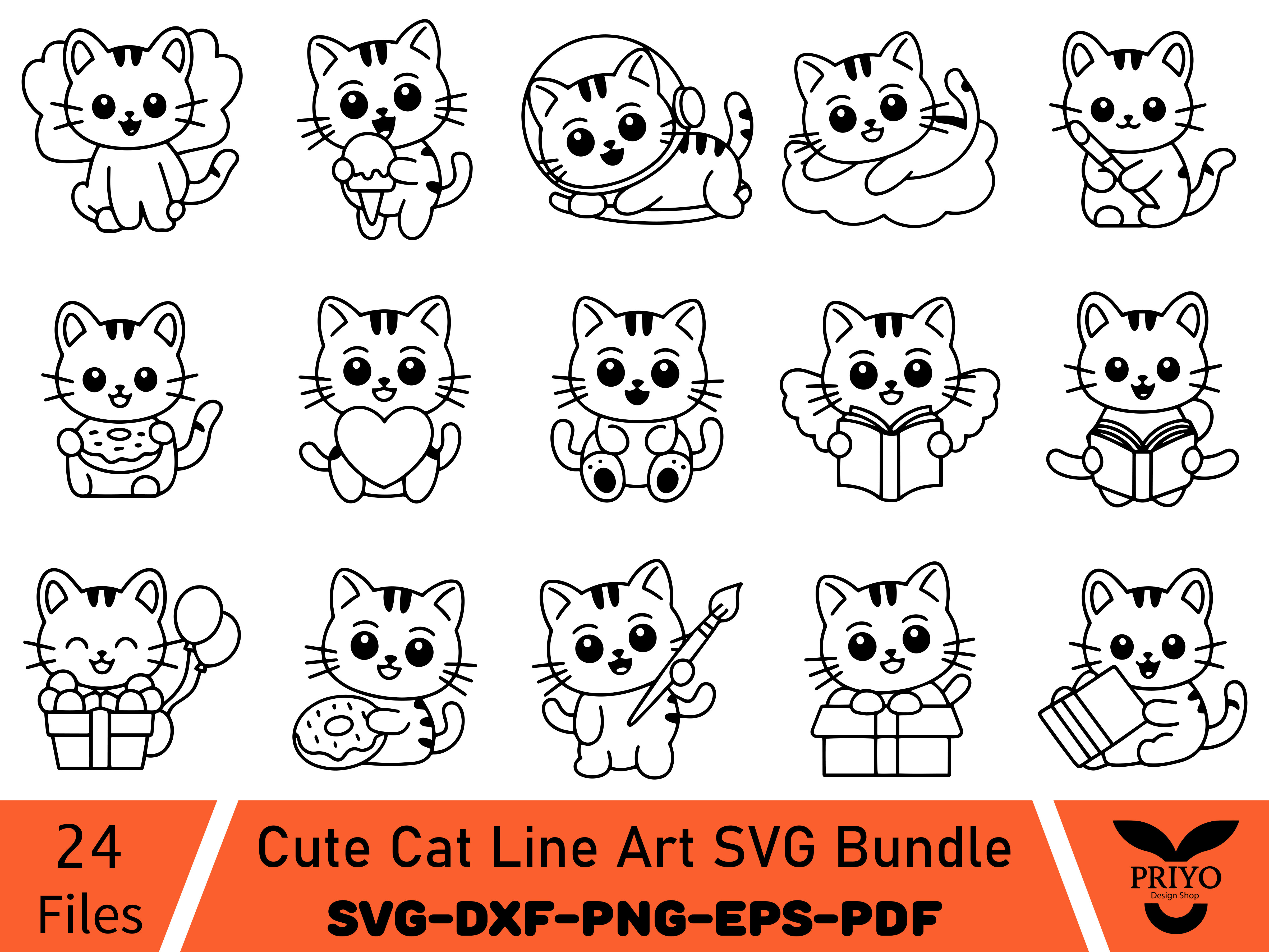 Cute Cat Line Art SVG Bundle Graphic by Priyo Design Shop · Creative ...
