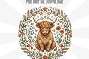 Floral Highland Cow Folk Art Clipart PNG Graphic by ...