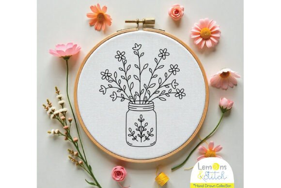 Flowers in Waterpot - Hand Embroidery Graphic by Lemons & Stitch ...