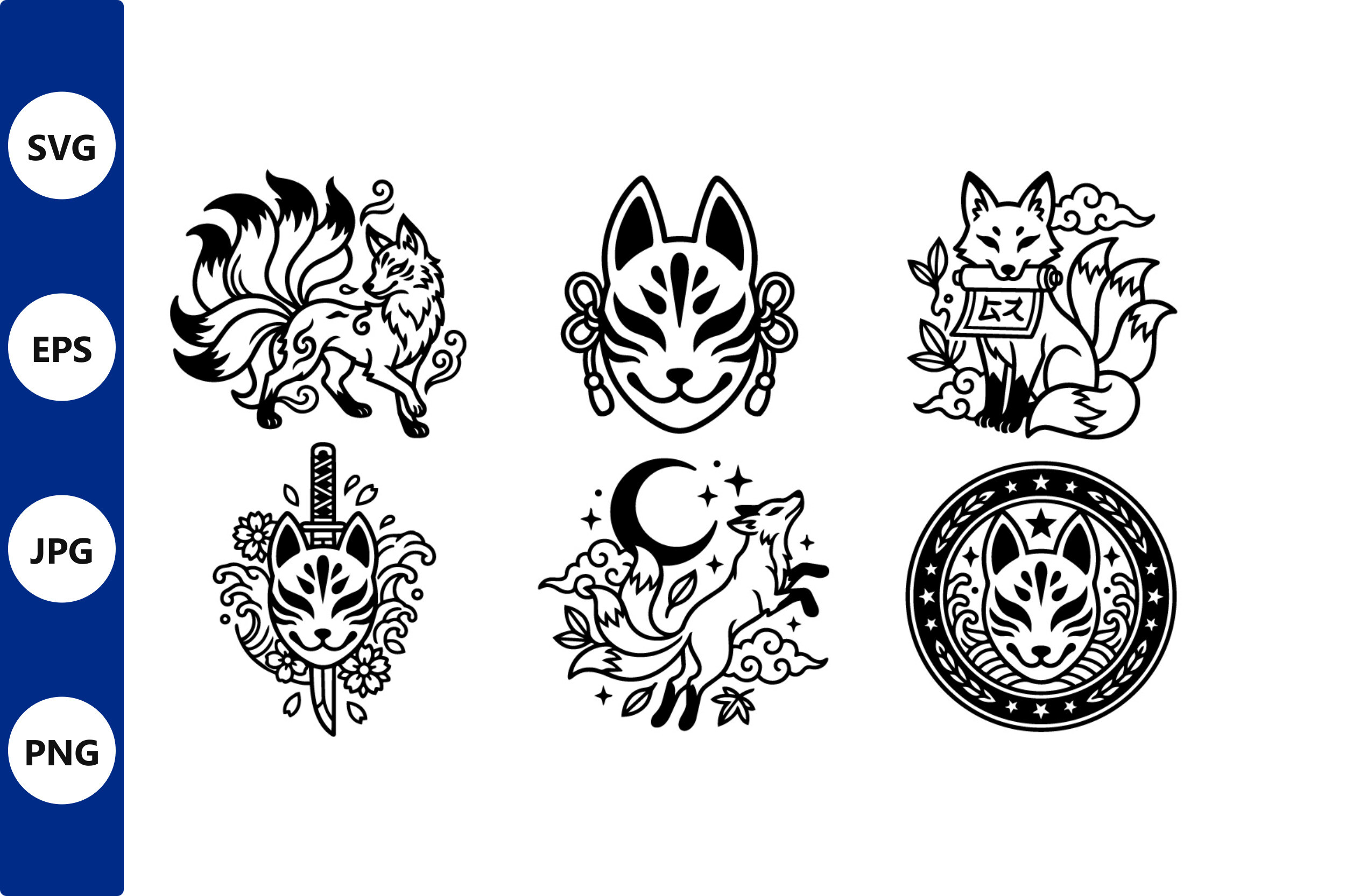 Kanji Fox Masks in Black and White Graphic by Cute Things · Creative ...