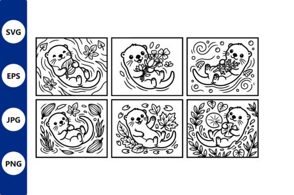 Otter Line Art Scene Leafy River Graphic by Cute Things · Creative Fabrica