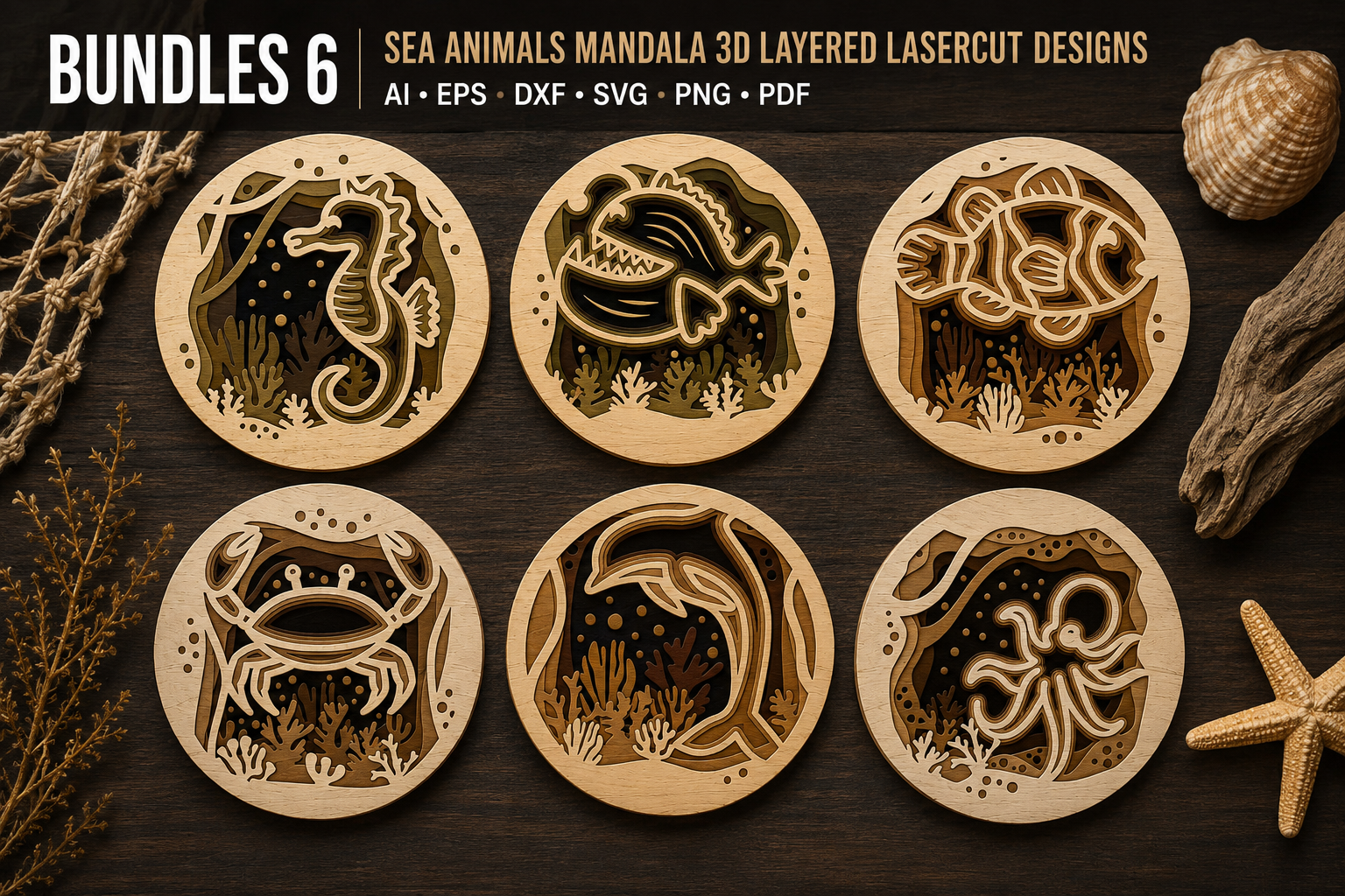Sea Animals Mandala 3D Layered BUNDLES · Creative Fabrica