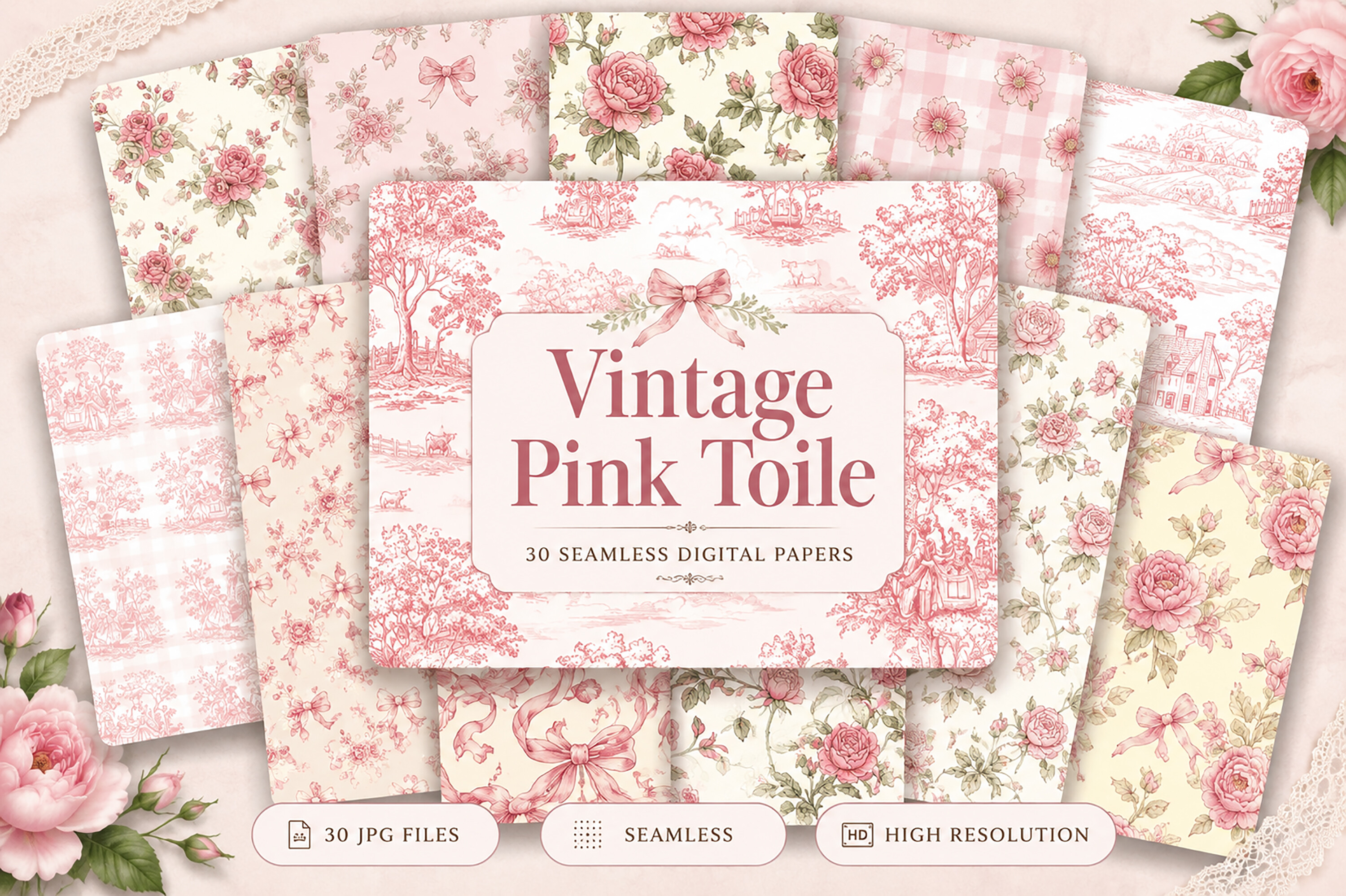 Vintage Pink Toile Digital Set Graphic by T.D. House · Creative Fabrica