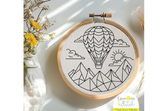 Hot Air Balloon Mountain Hand Embroidery Graphic by Lemons & Stitch ...