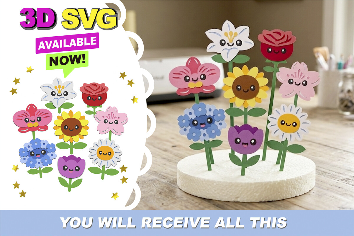 Kawaii Garden Flowers 3D SVG · Creative Fabrica