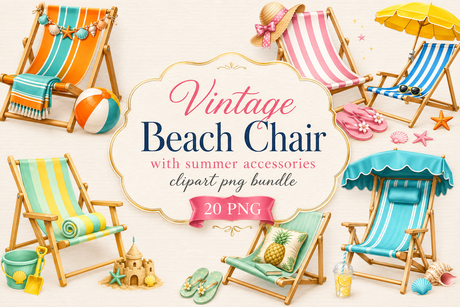 Vintage Beach Chair Clipart PNG Bundle Graphic by CraftLab Digital ...