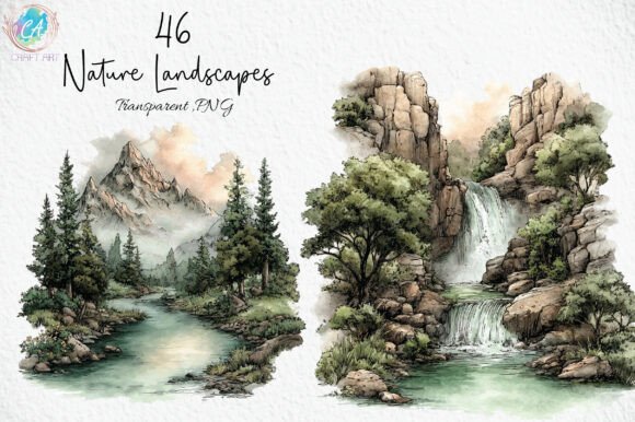 Watercolor Nature Landscapes Clipart PNG Graphic by Craft Art ...