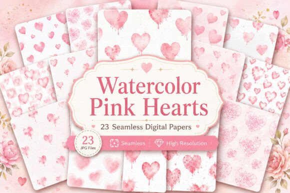 Watercolor Pink Hearts Digital Paper Graphic by Designstock · Creative ...