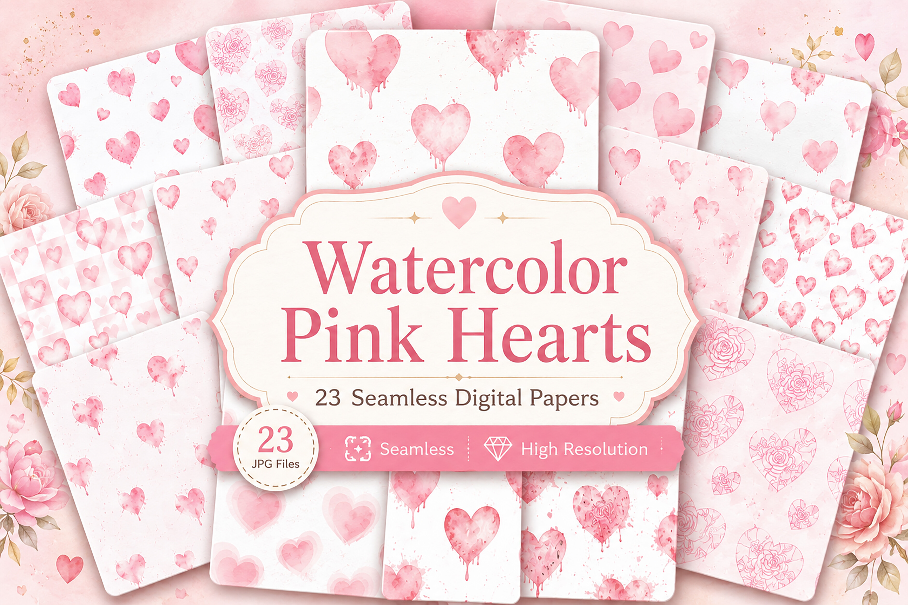 Watercolor Pink Hearts Digital Paper Graphic by Designstock · Creative ...