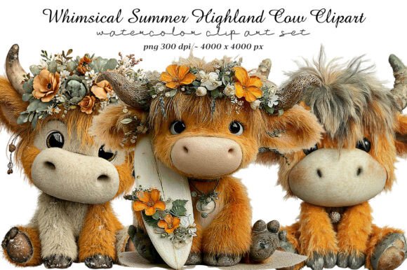 Whimsical Summer Highland Cow Clipart Graphic by GatewayDesign ...