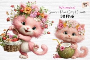 Whimsical Summer Pink Cats Clipart PNG Graphic by Black Cat · Creative ...