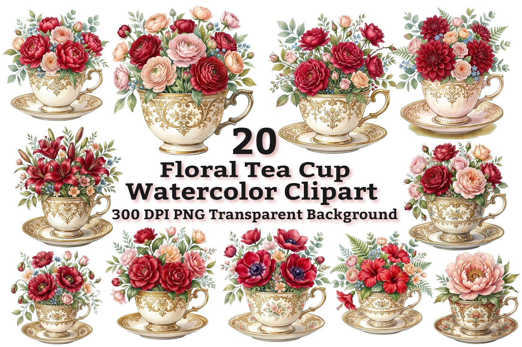 Vintage Floral Tea Cup Clipart Graphic by TeesDesign · Creative Fabrica