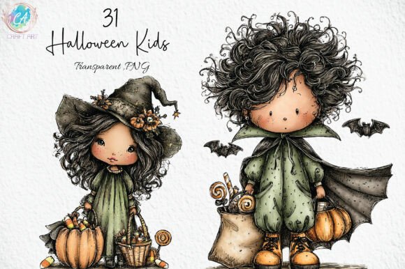 Whimsical Halloween Kids Clipart Bundle Graphic by Craft Art · Creative ...